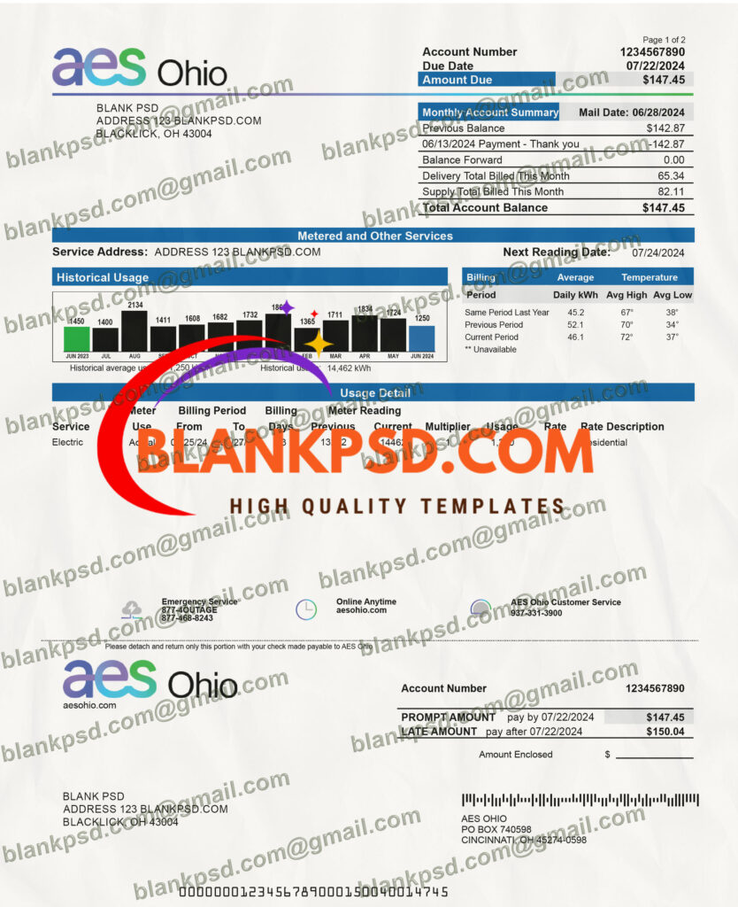 Ohio Utility Bill Template New V1 2024 - Blank PSD